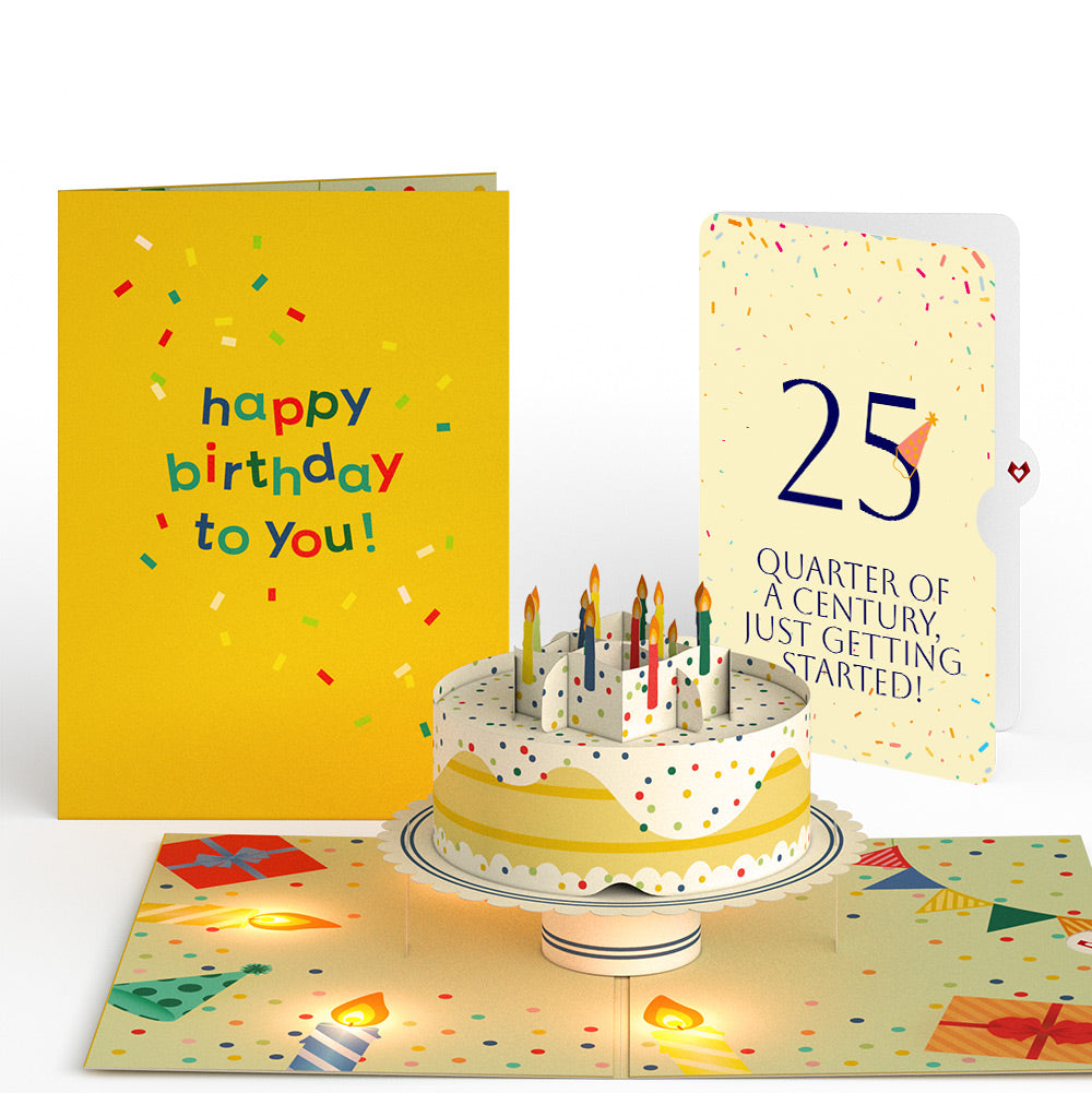 Happy 25th Birthday Confetti Cake Music and Lights Pop-Up Card and Par ...