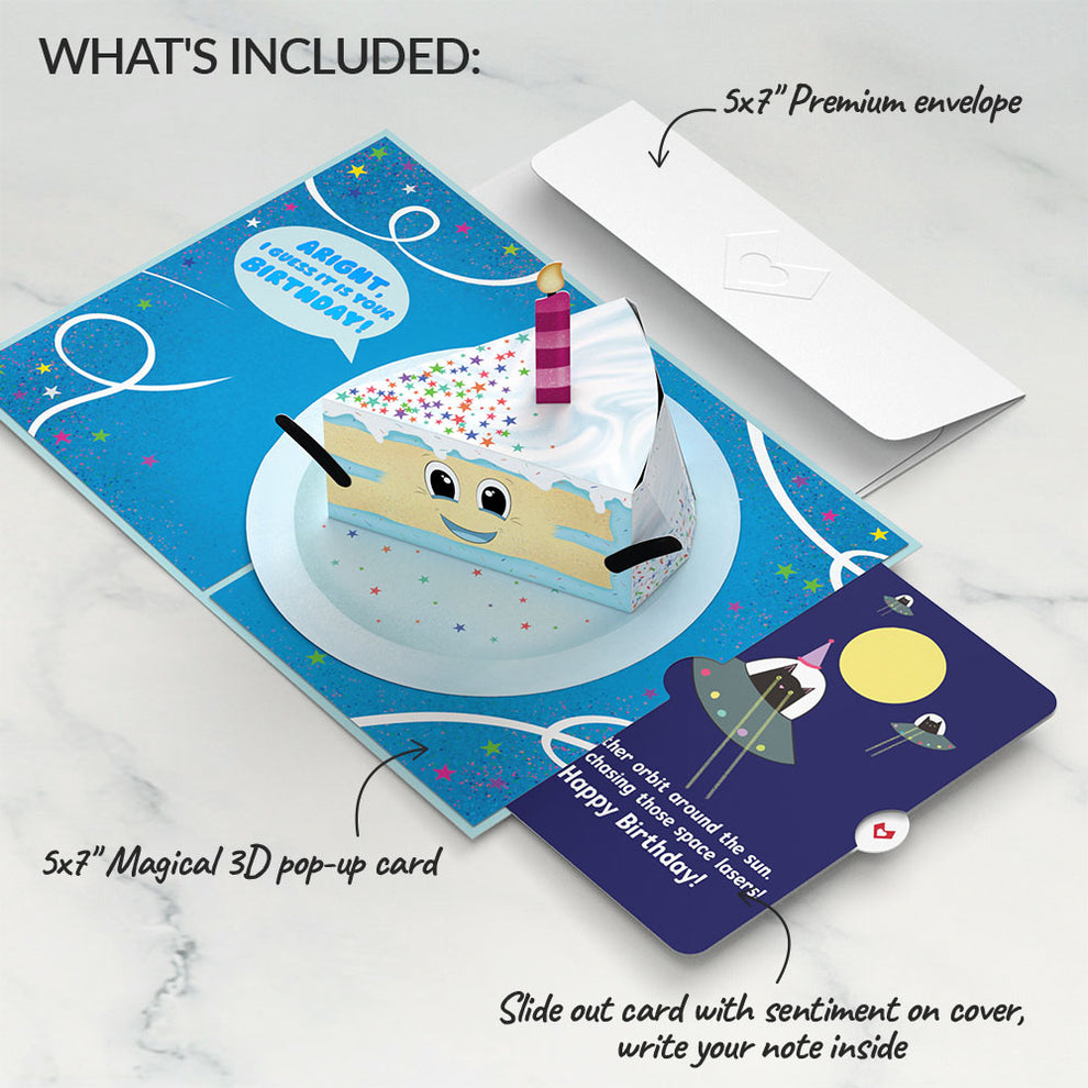 Whimsical Birthday Cake Slice with Space Laser Cats Pop-Up Card and Se ...