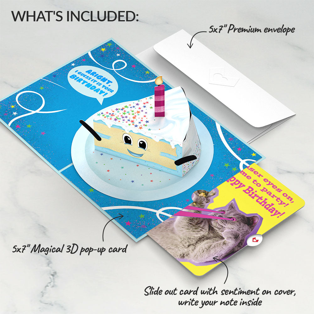 Whimsical Birthday Cake Slice with Cat Laser Eyes Pop-Up Card and Sent ...