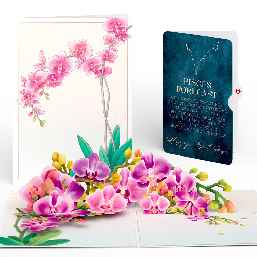 Watercolor Orchid Birthday Pop-Up Card and Pisces Zodiac Sentiment Set ...