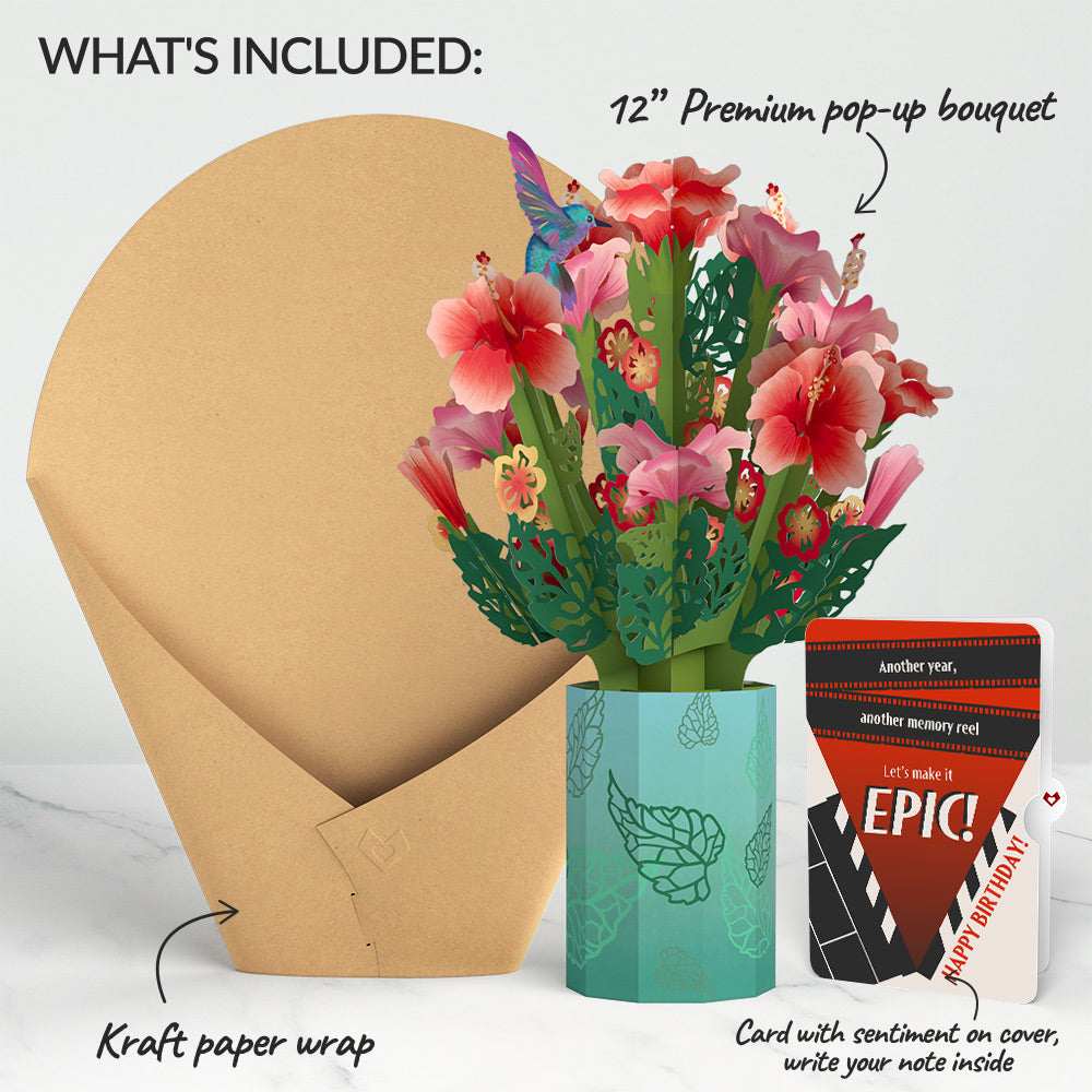 Hibiscus Birthday Bouquet and Epic Reel Sentiment Set – Lovepop